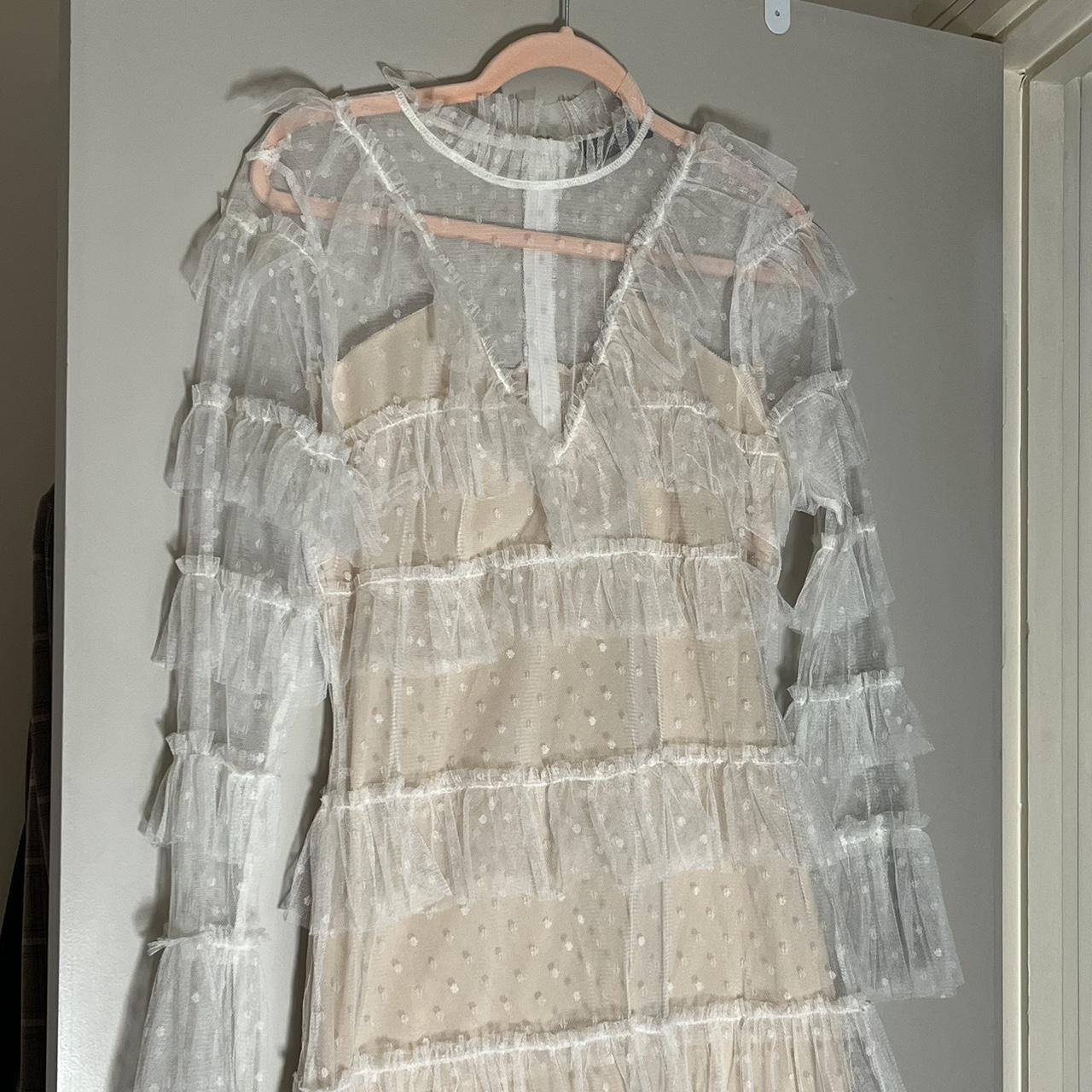 Sheer ruffle lace dress Uk size 14 White with nude... - Depop