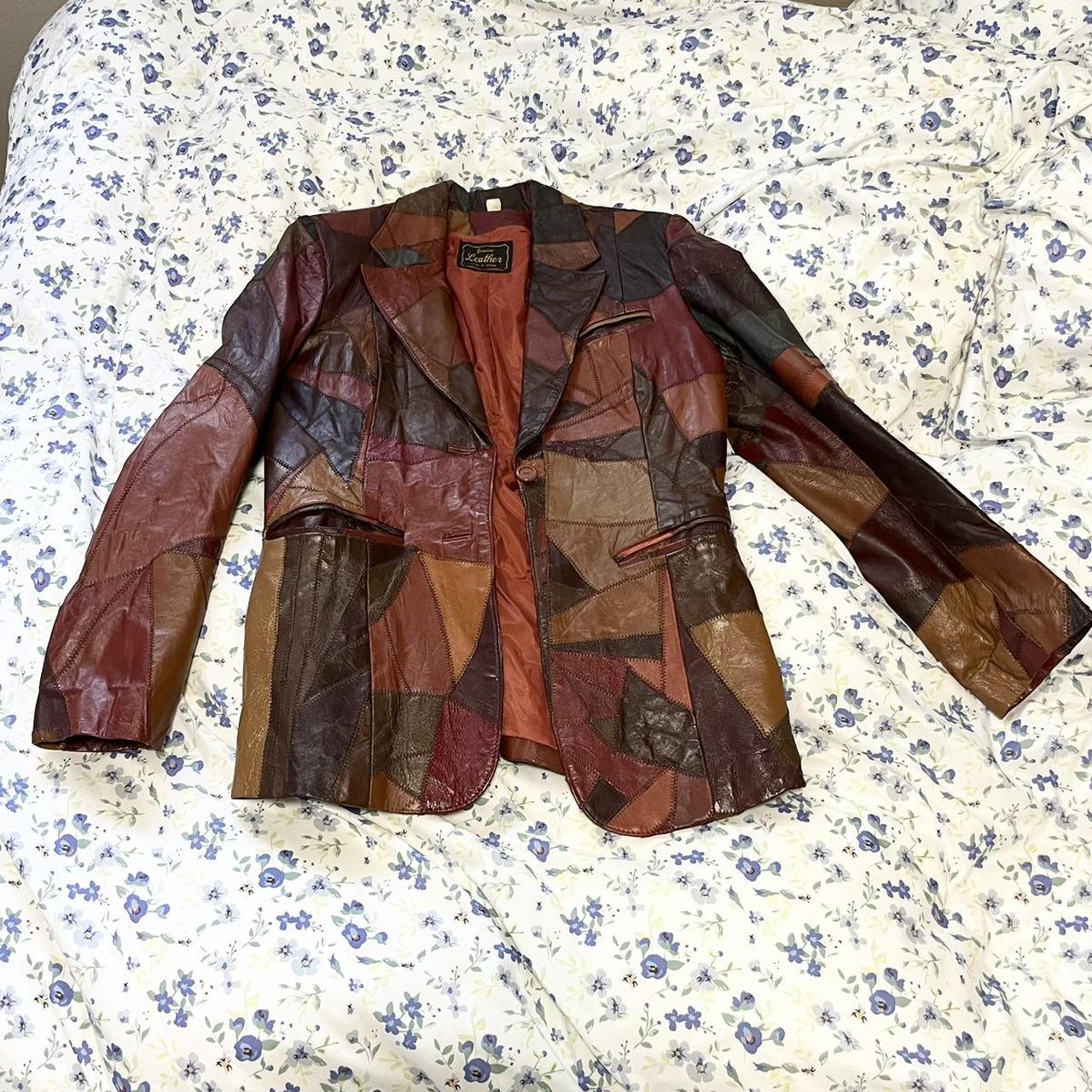 Brown leather patchwork blazer Couldn’t find the... - Depop