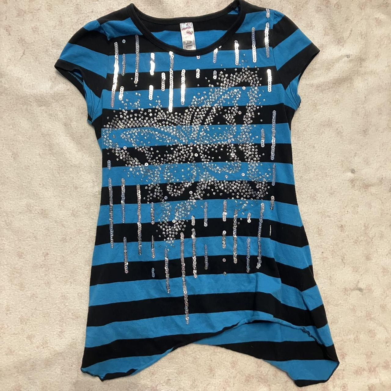 y2k Beautees blue / black striped tee shirt... - Depop