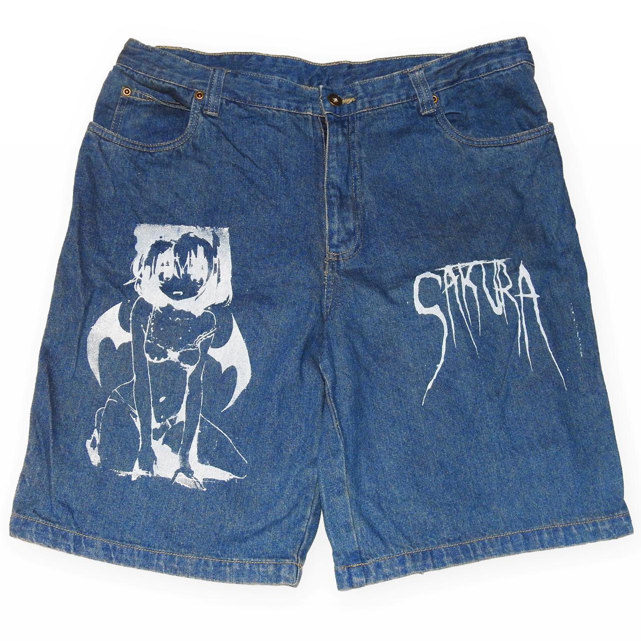 baggy denim jorts hand printed by myself for sakura,... - Depop