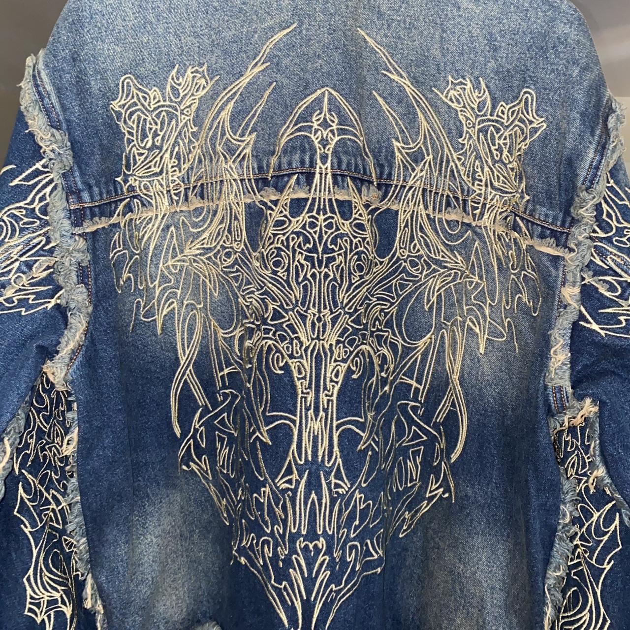 Revenge embroidered tribal denim jacket Size : XXL... - Depop