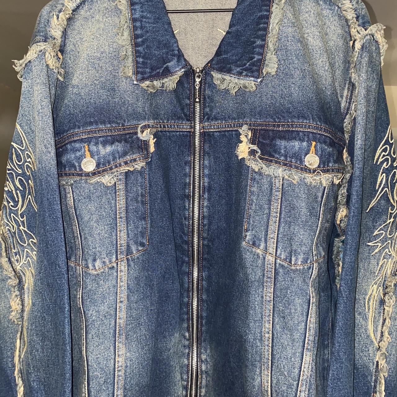 Revenge embroidered tribal denim jacket Size : XXL... - Depop