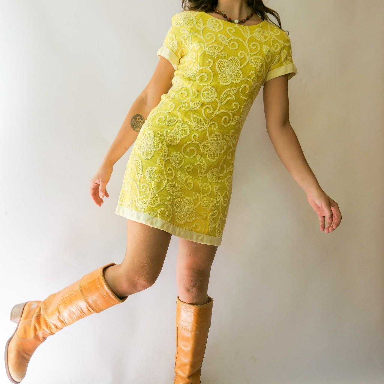 1960's lemon yellow hand embroidered mini dress X... - Depop
