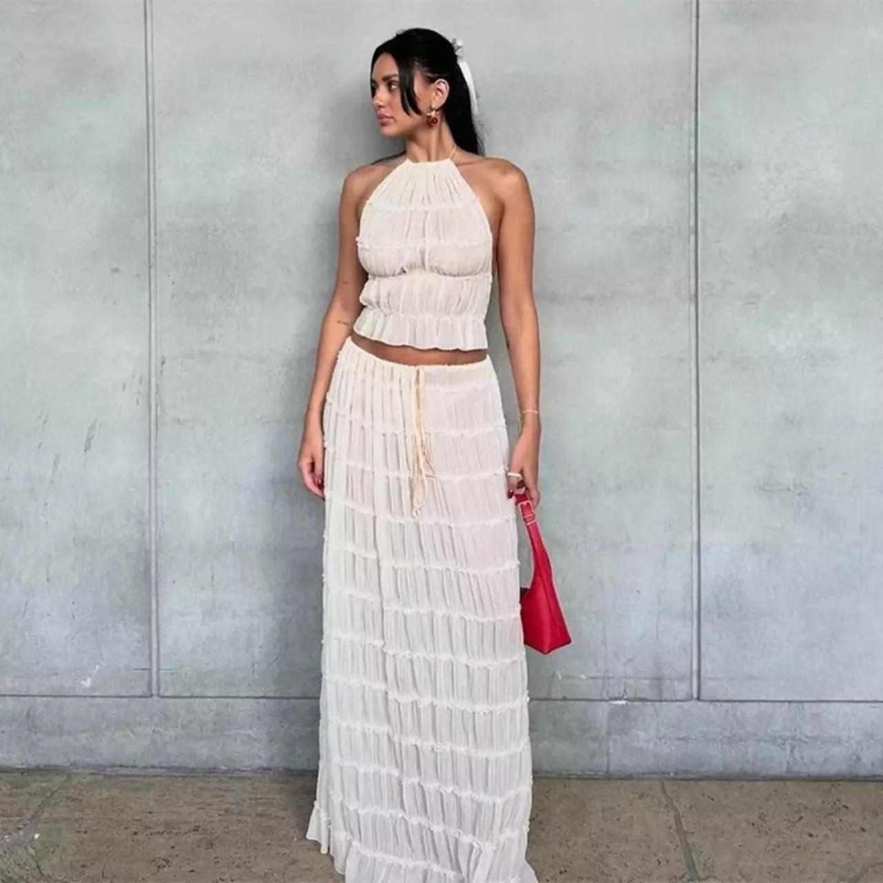 Two piece pleated skirt / top set Ivory white ,... - Depop
