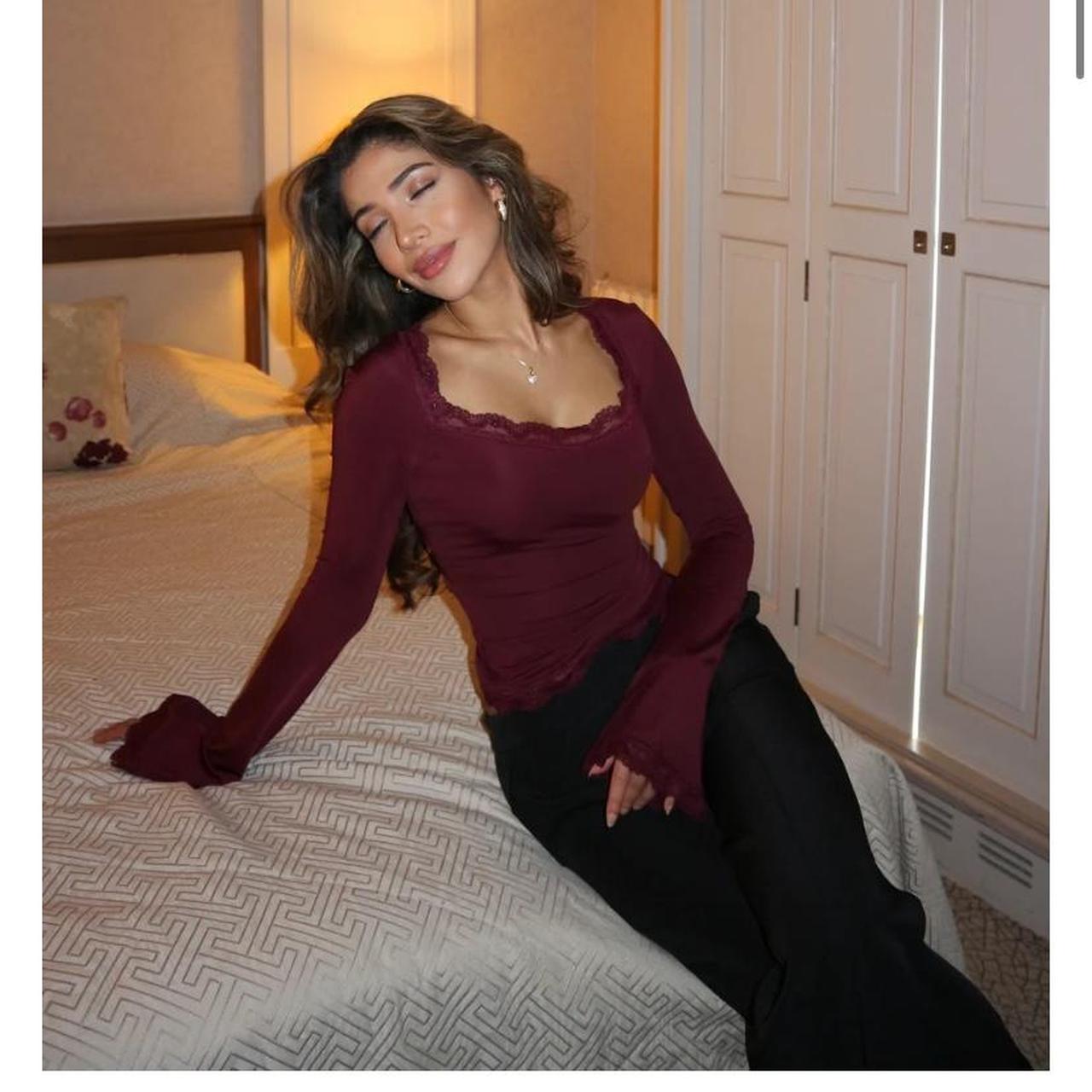Venderbys Burgundy long sleeve top with lace trim... | Depop