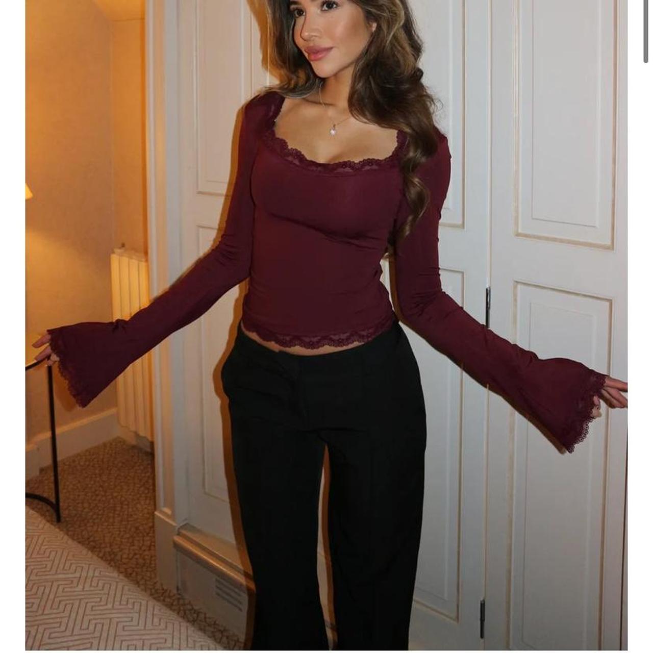 Venderbys Burgundy long sleeve top with lace trim... | Depop