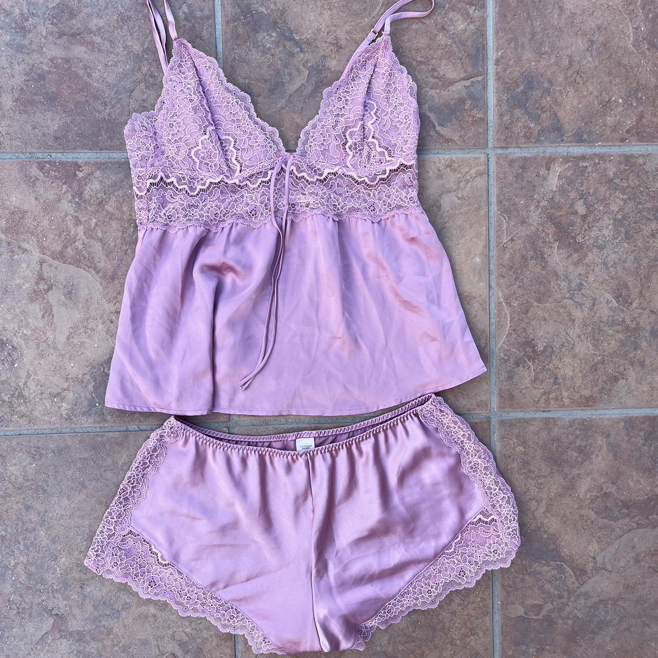 Victoria’s Secret pink lace pj set with open back... - Depop