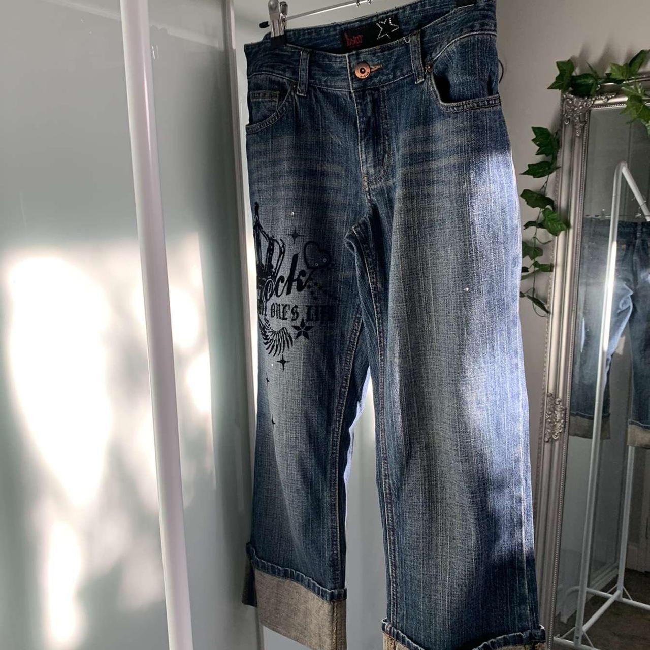 Low rise graphic rhinestone cuffed jeans💋 brand:... - Depop