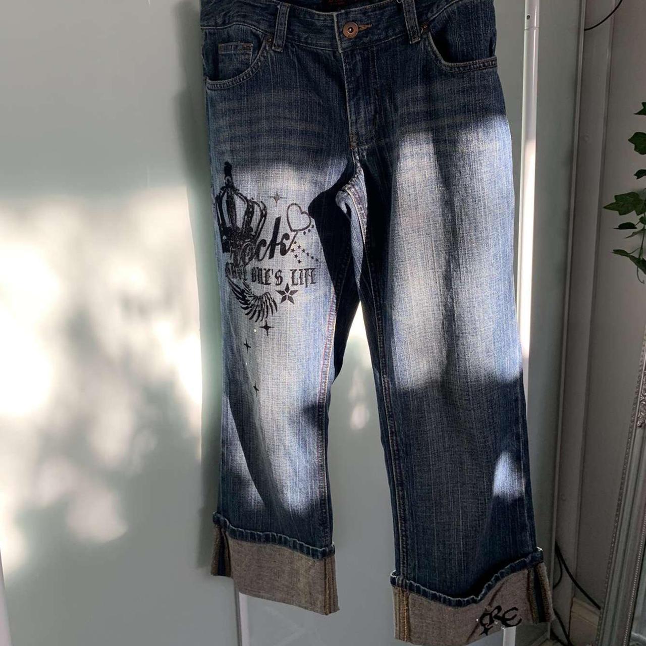 Low rise graphic rhinestone cuffed jeans💋 brand:... - Depop