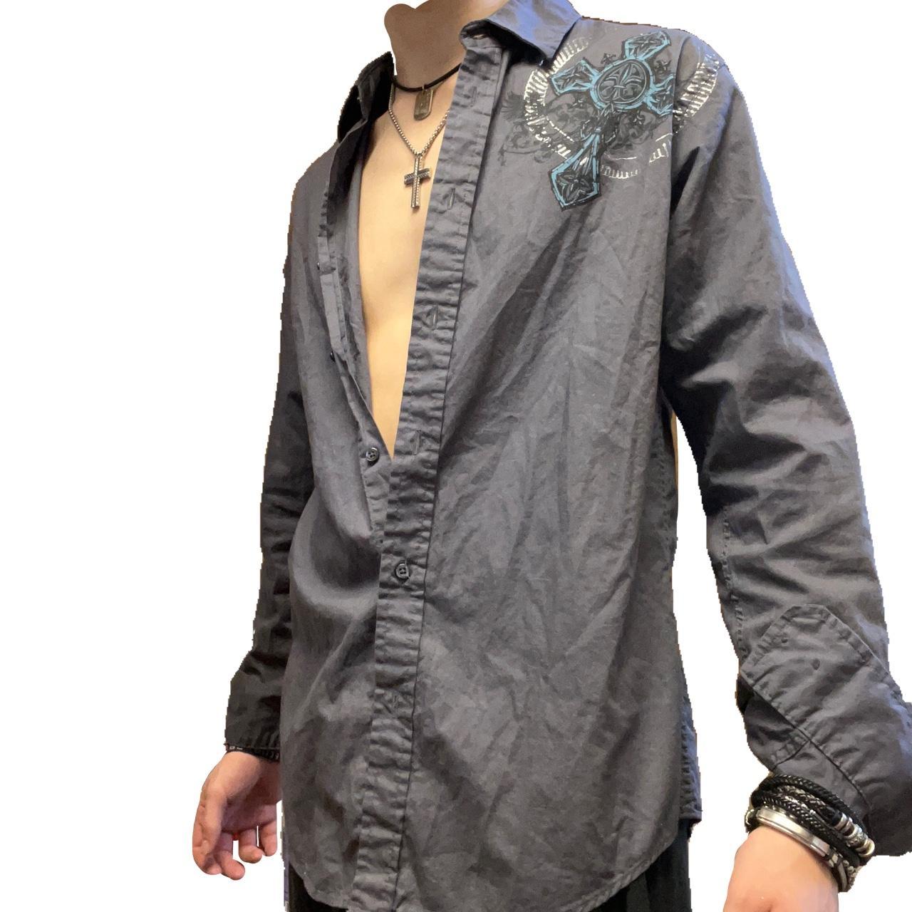 Vintage Y2K Cyber Cross Button Up Shirt >size... - Depop