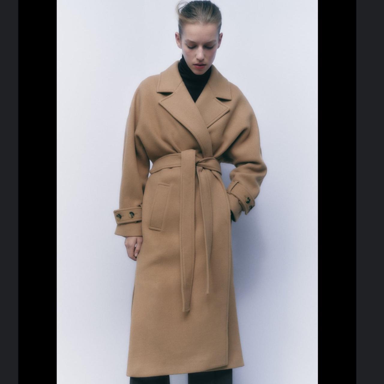 Zara wool blend long coat with belt size medium in... - Depop