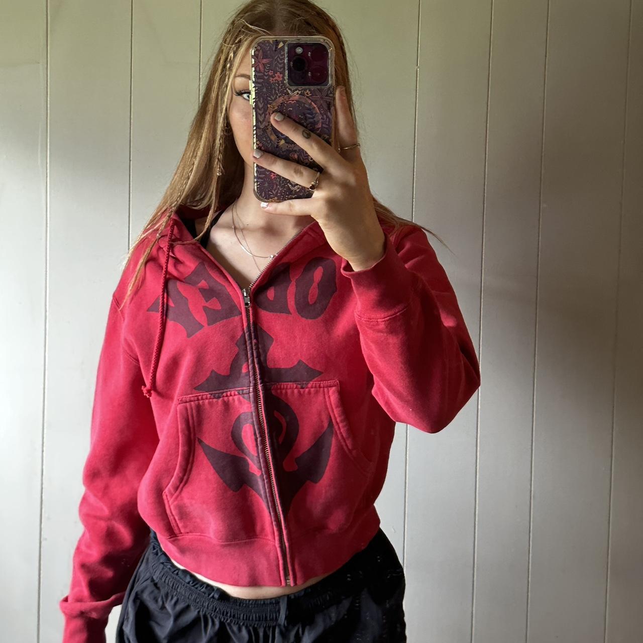 Obey red zip up jacket Size S Further measurements... - Depop