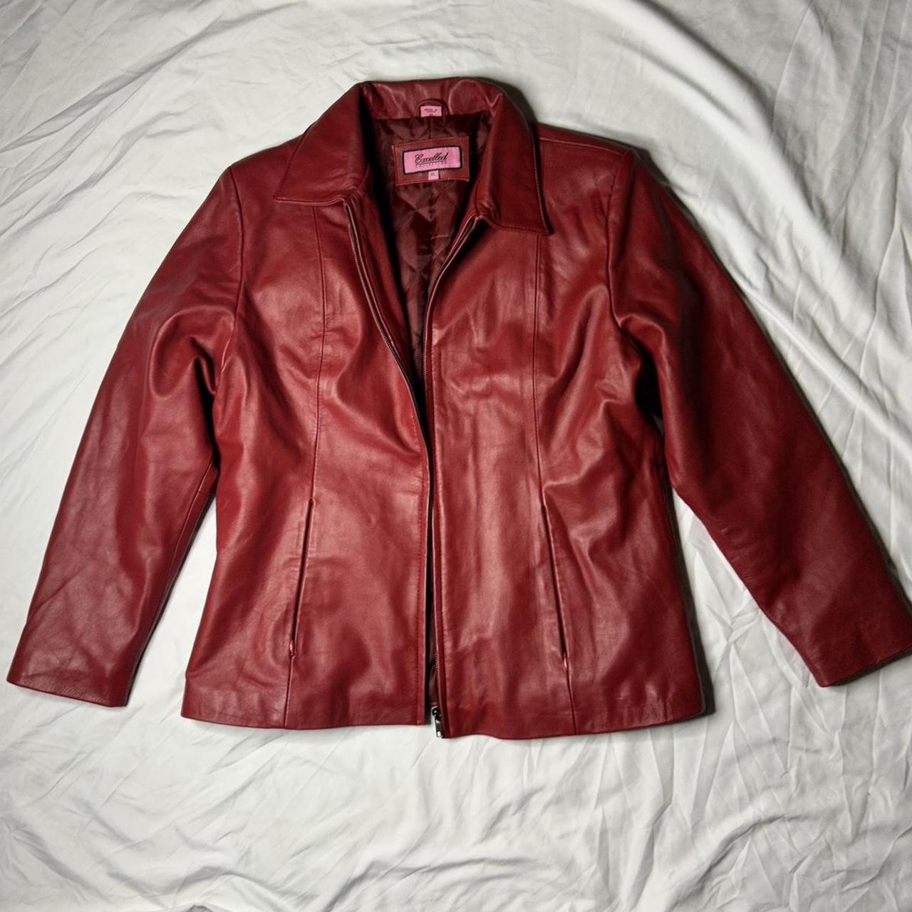 excelled collection red leather jacket zip up... - Depop
