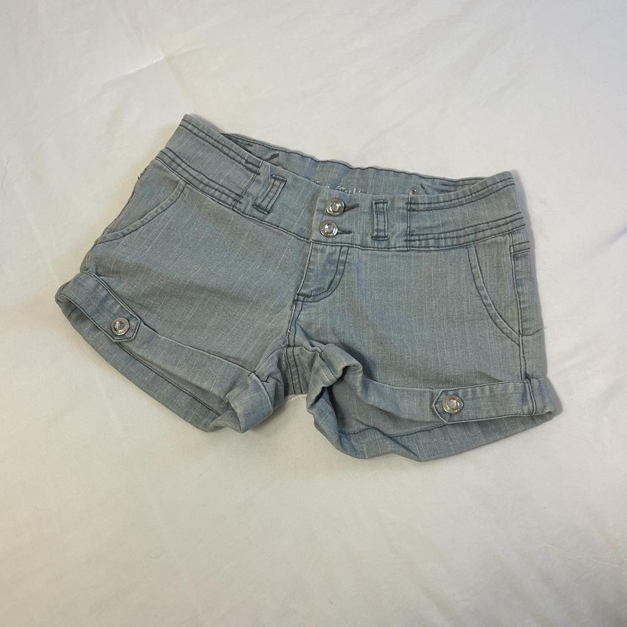 low rise denim micro shorts light wash blue with... - Depop