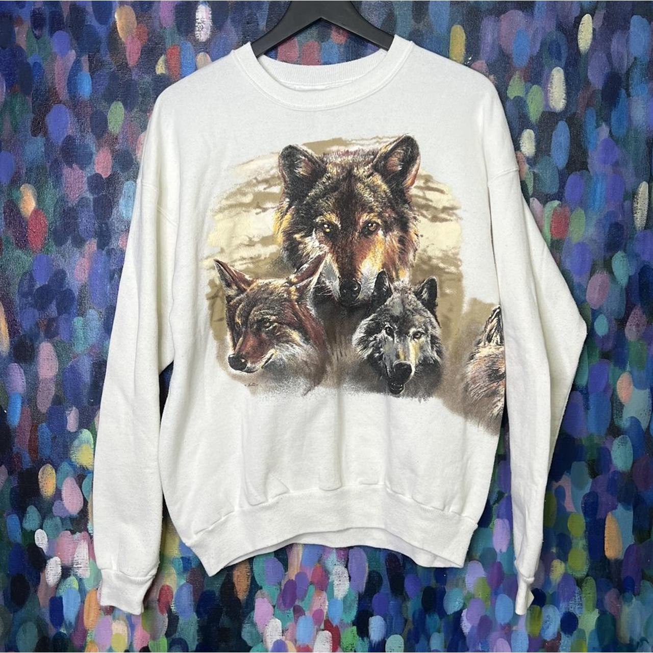 Vintage 90s Wolves Graphic Wrap Around Sweatshirt... - Depop