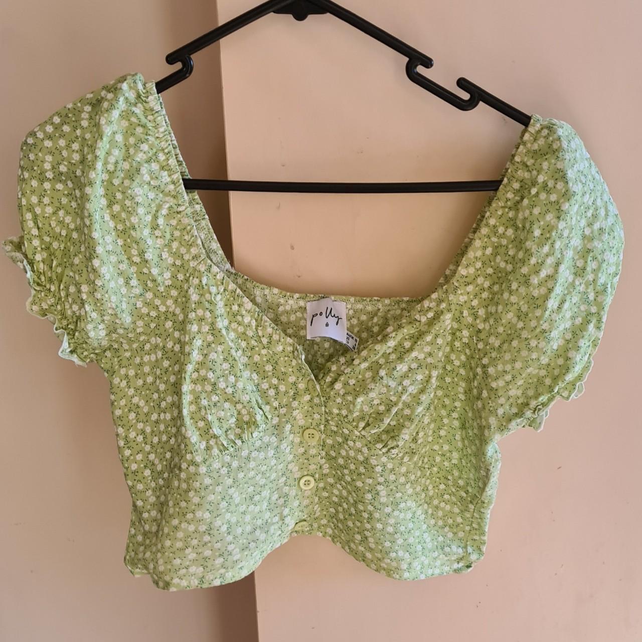 Princess Polly Green Floral Off the Shoulder Crop... - Depop