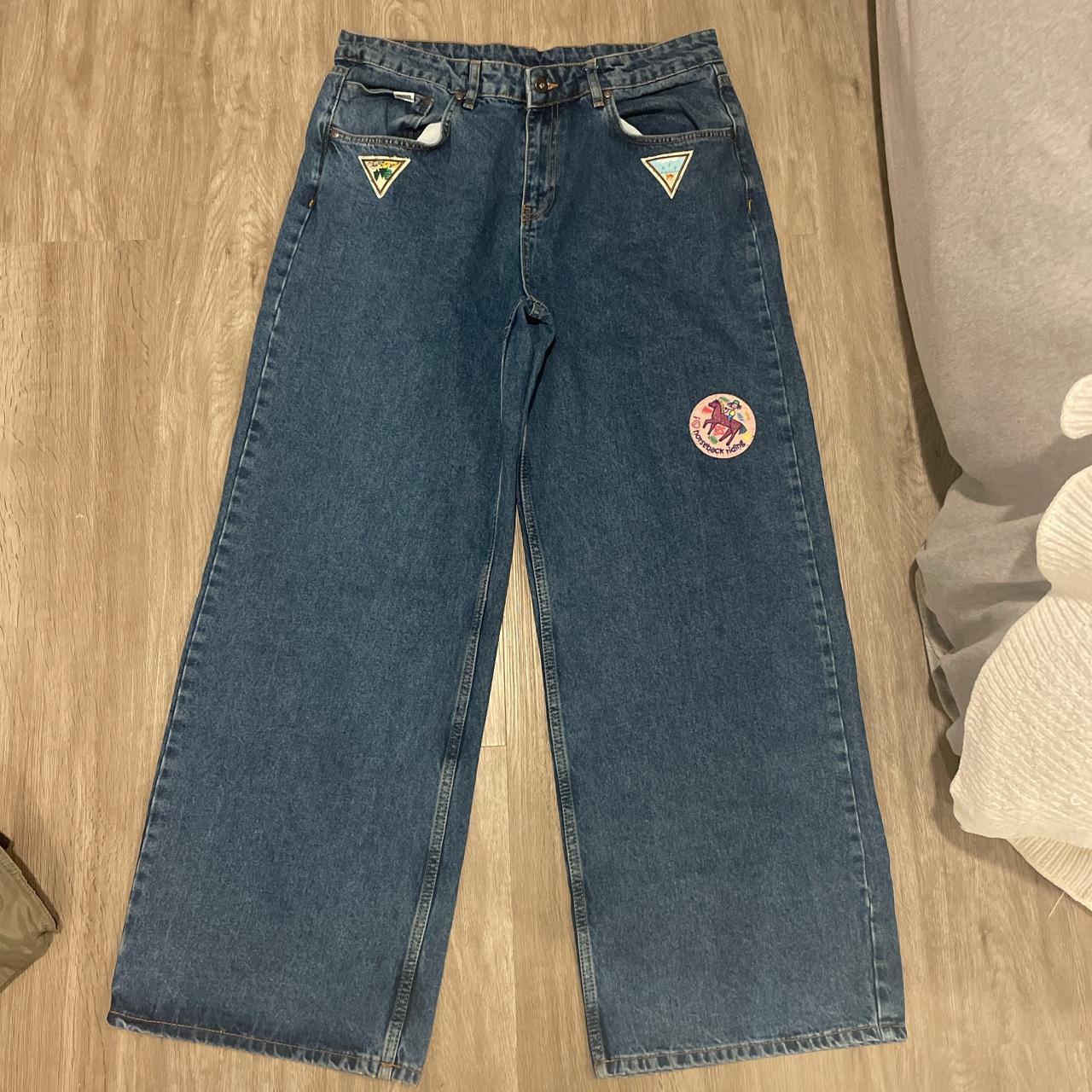 Wide leg Ragged jeans with vintage patches Size 32 I... - Depop