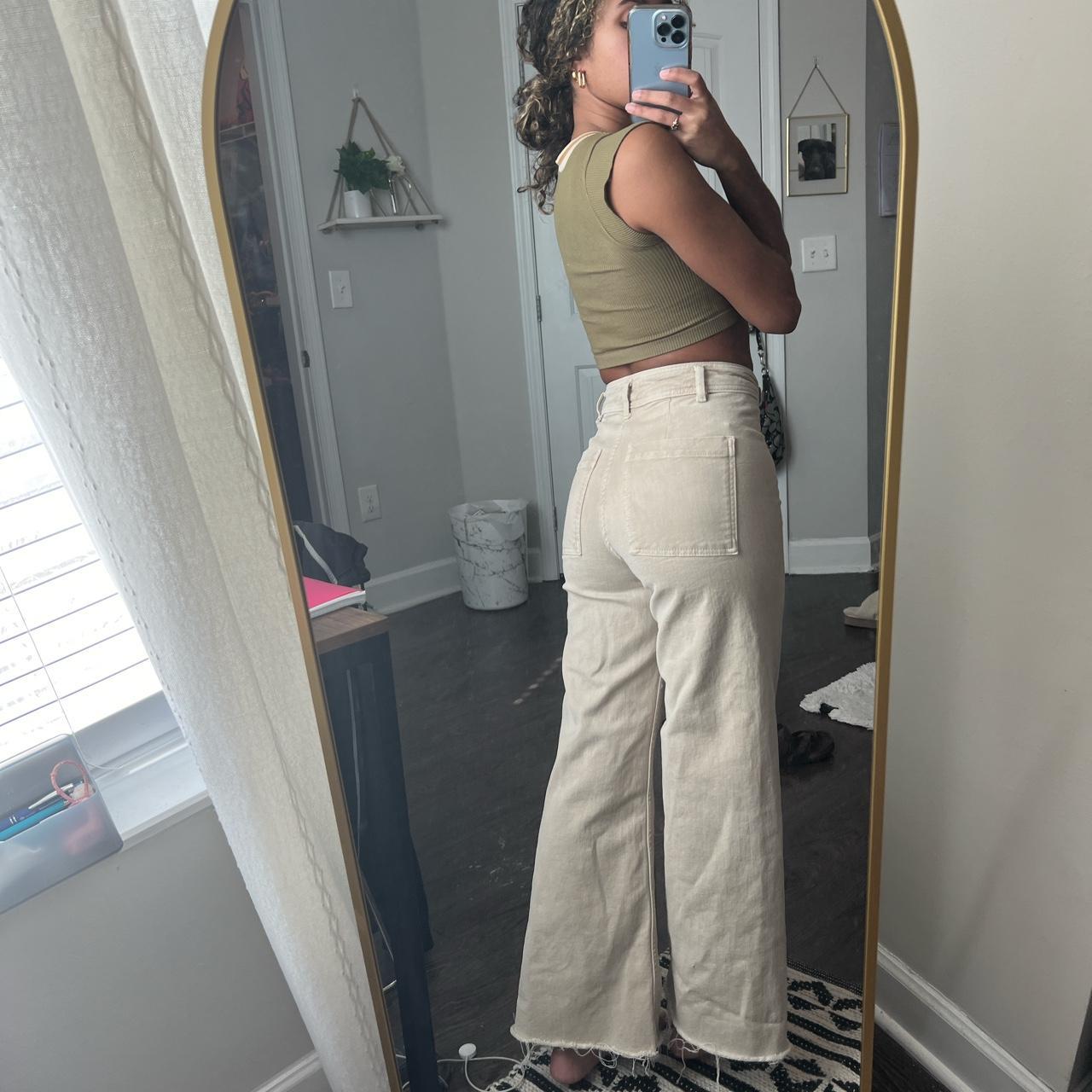 zara high waisted creme pants. white spots shown in... - Depop