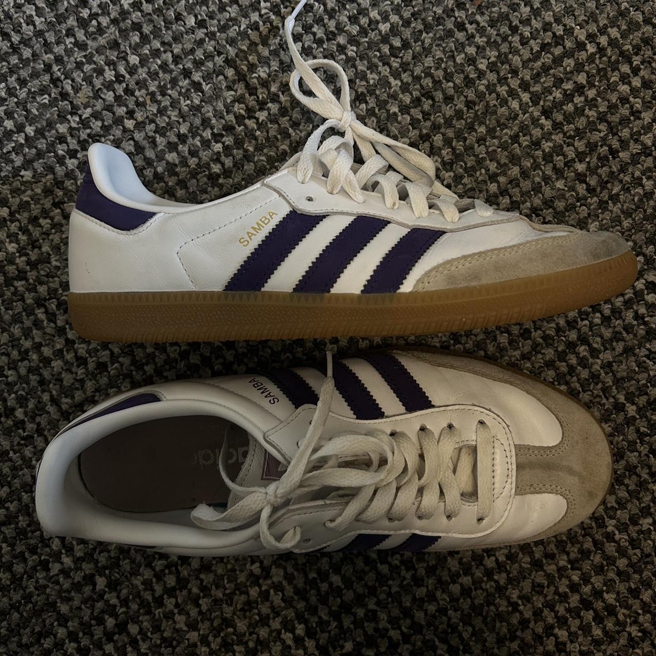 White adidas sambas Rare white/grey/purple colour... - Depop