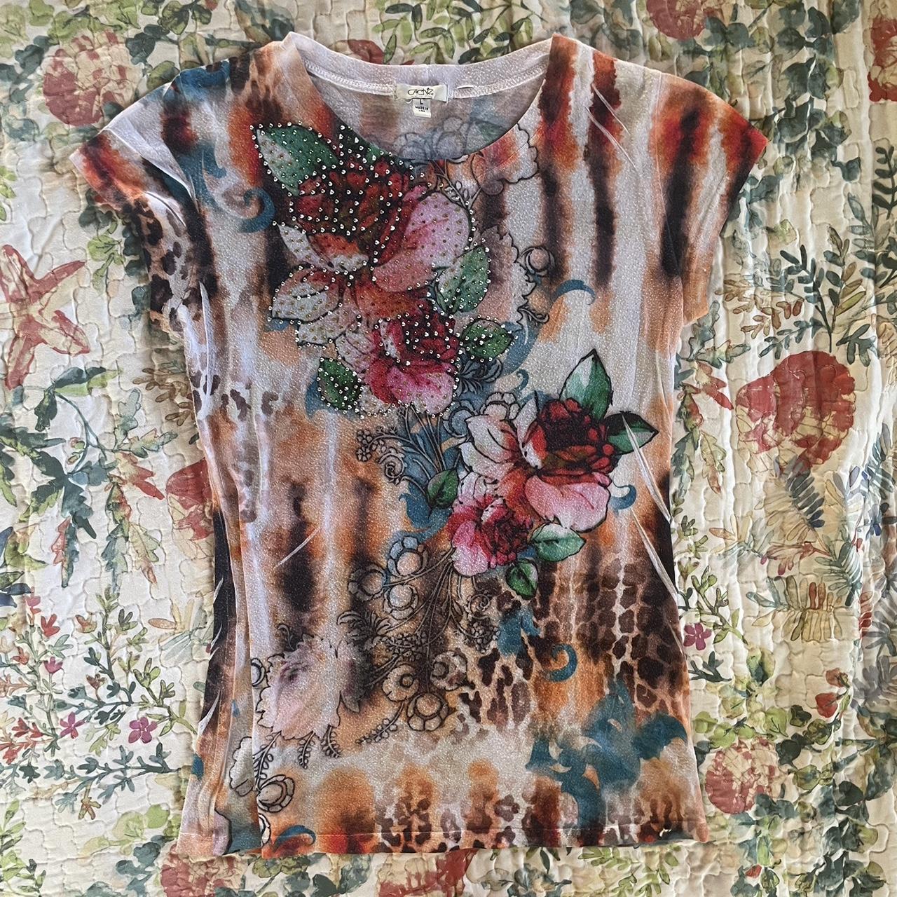 Funky graphic rose bedazzled top size Large... - Depop