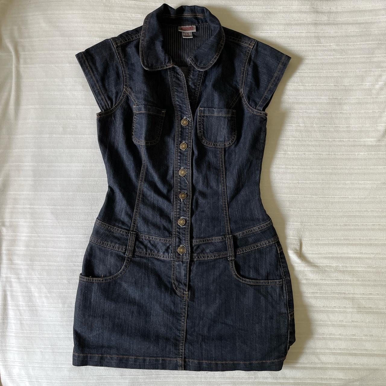 Mini dark wash y2k denim dress -yellow/gold... - Depop