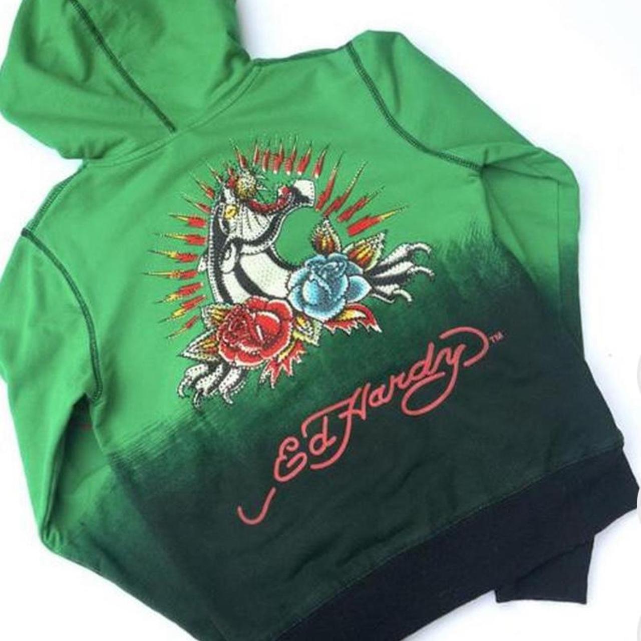🐆Green Ed Hardy zip up hoodie with rhinestone... - Depop
