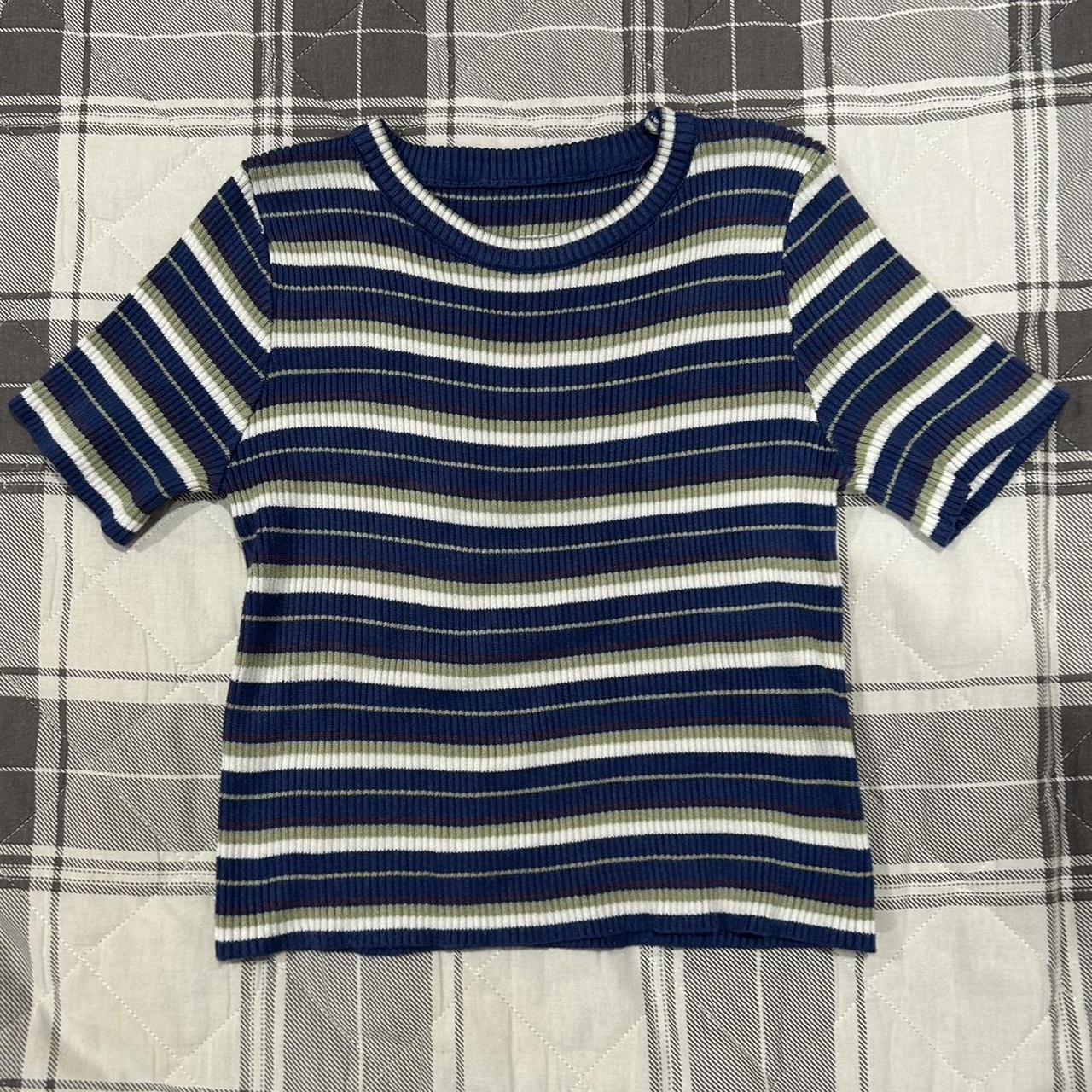 navy and white striped short sleeve knit top -... | Depop