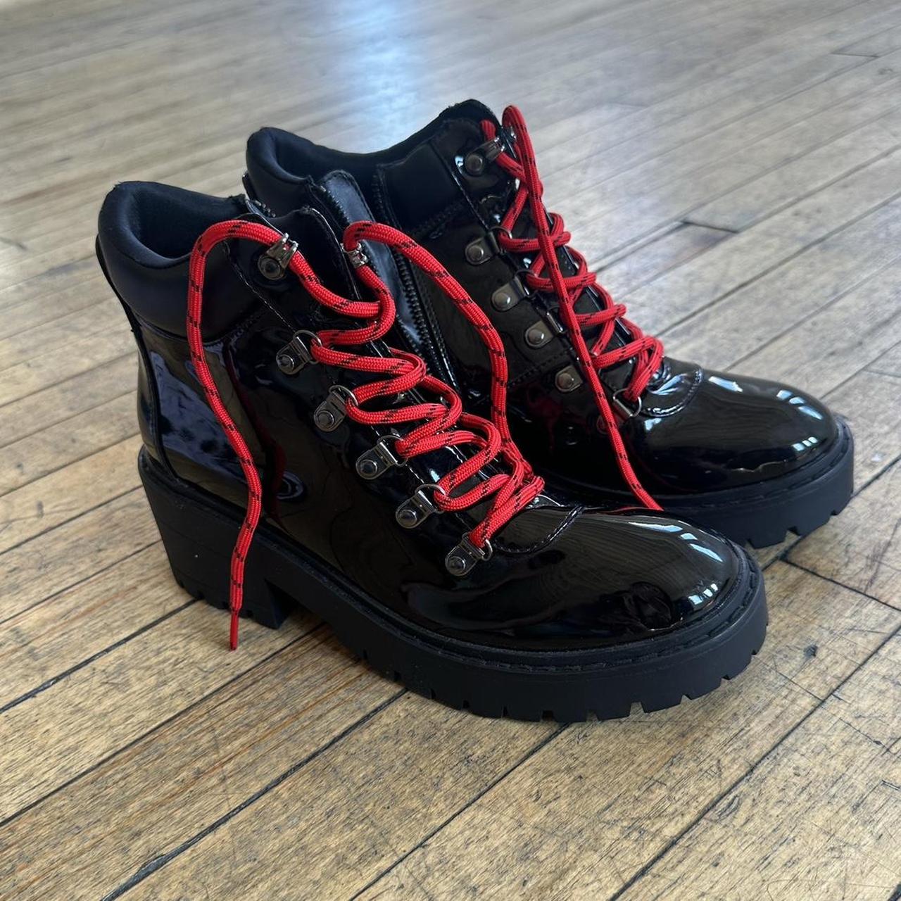 Black and red patent leather platform boots with a... - Depop
