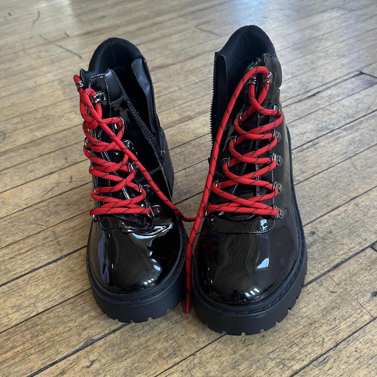 Black and red patent leather platform boots with a... - Depop