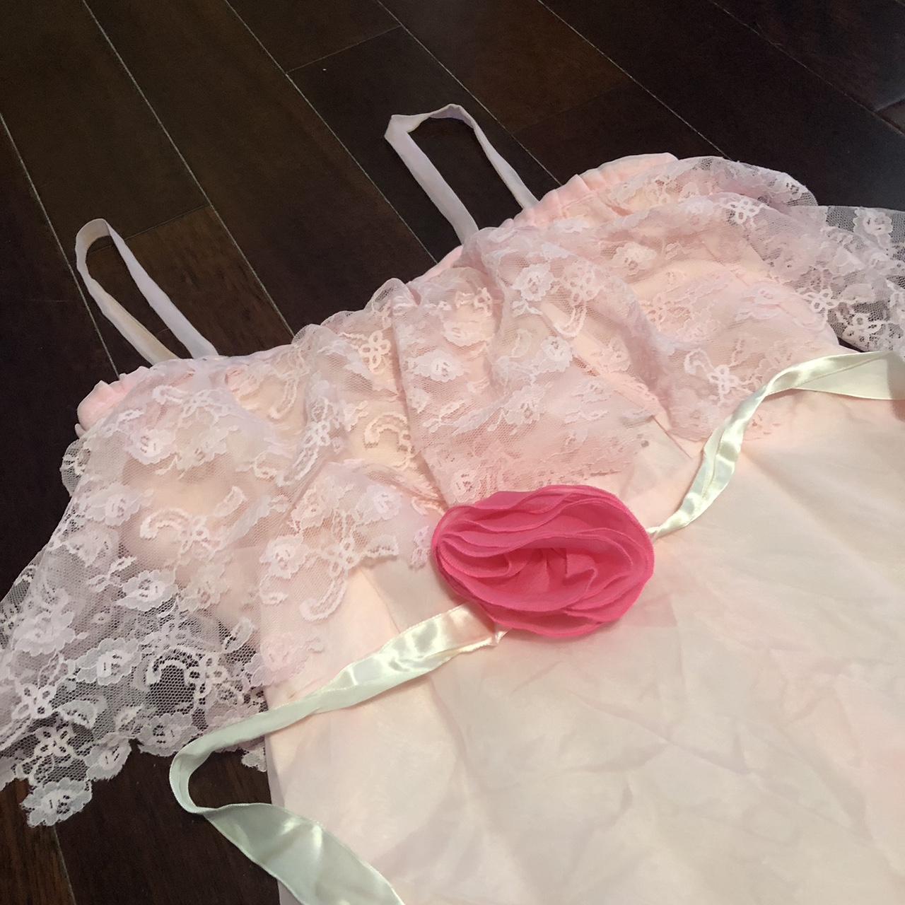 Pink and white ruffle dress with pink lace trim,... - Depop