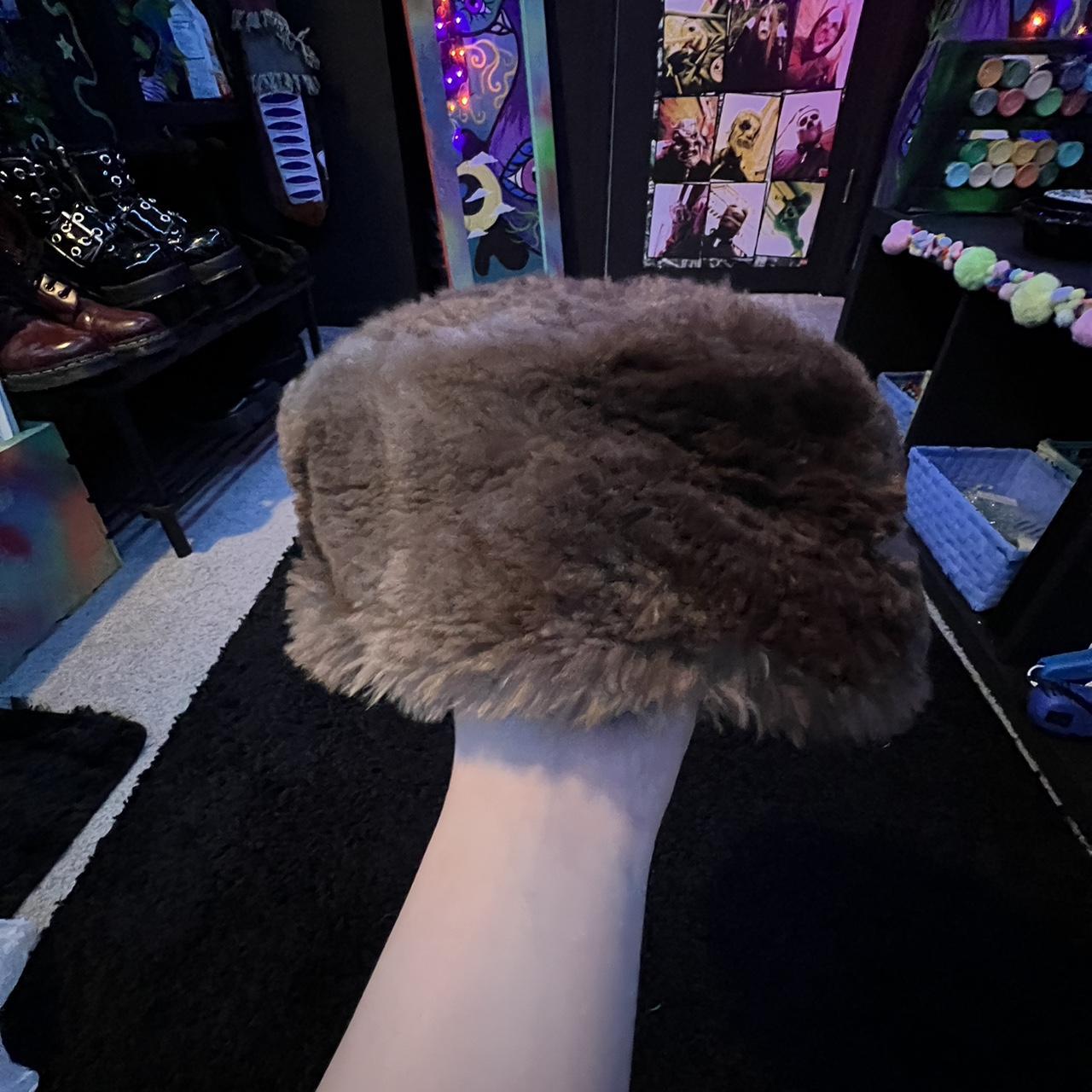 y2k brown furry hat with red velvet never used... - Depop