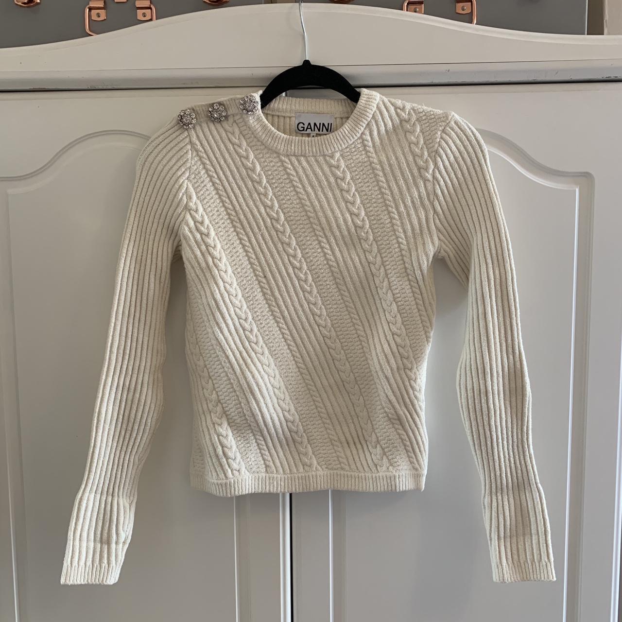 GANNI cream cable knit jumper with embellished... - Depop