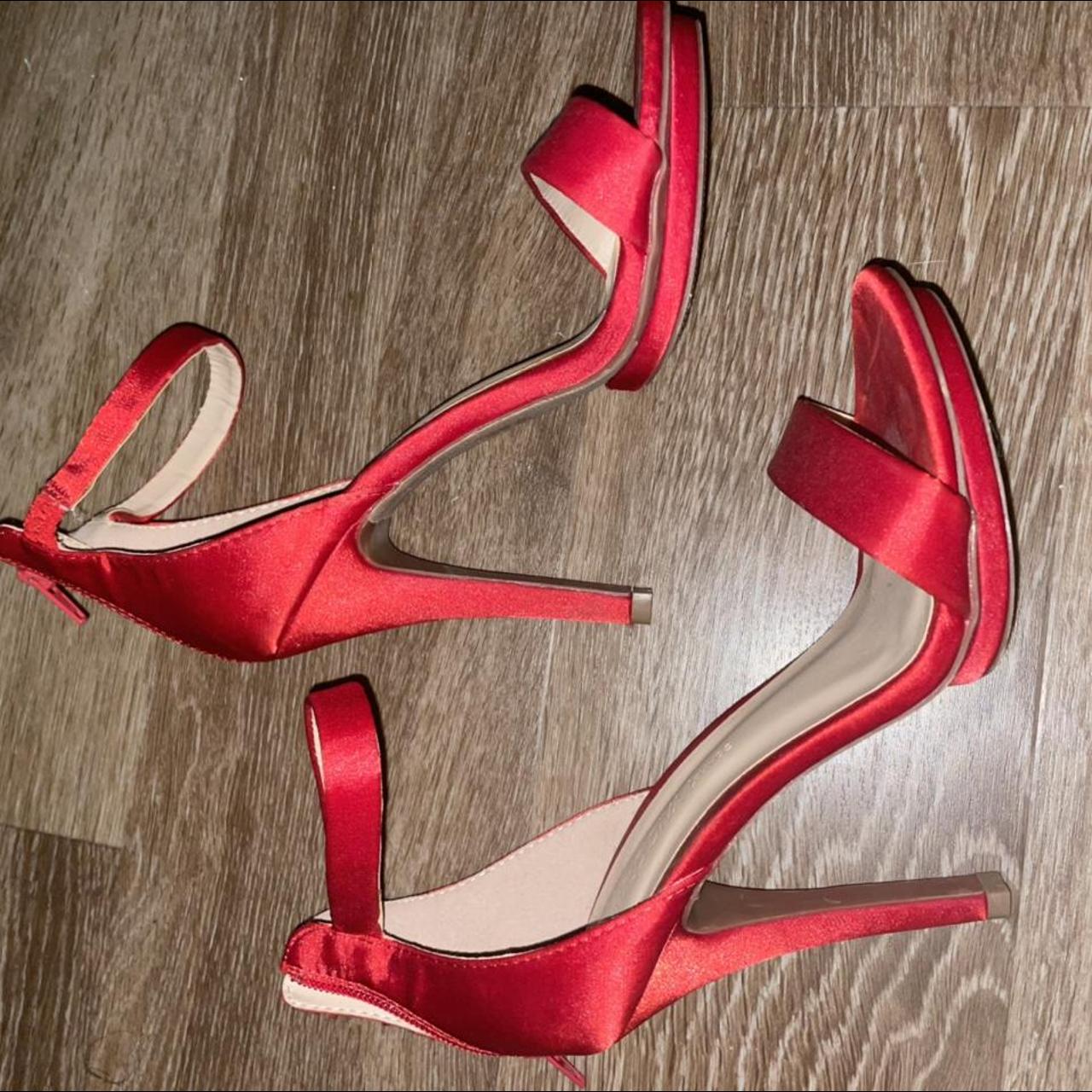 Satin red heels with ankle strap, cute for a dinner... - Depop