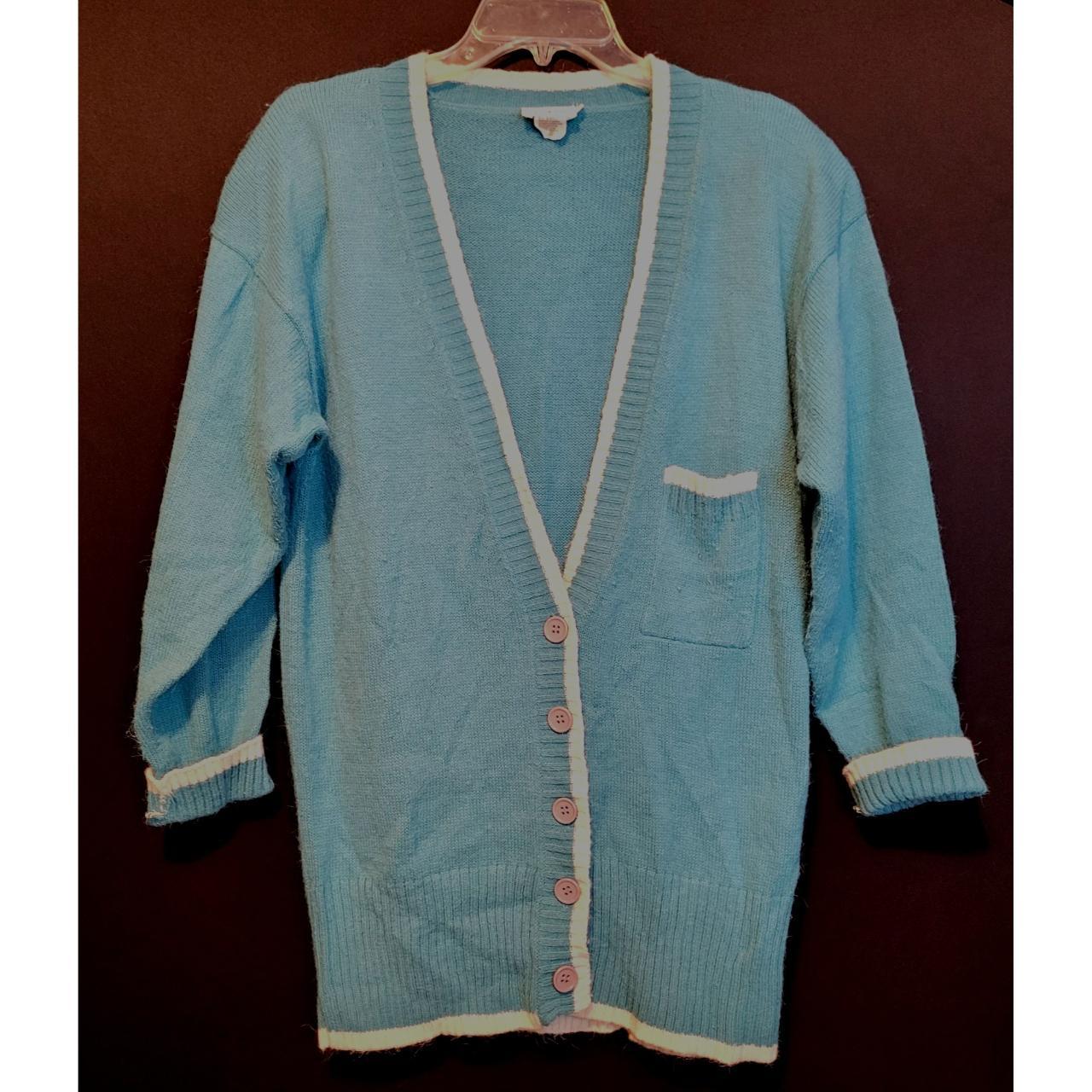 Vintage V Neck Cardigan Turquoise Blue White... - Depop