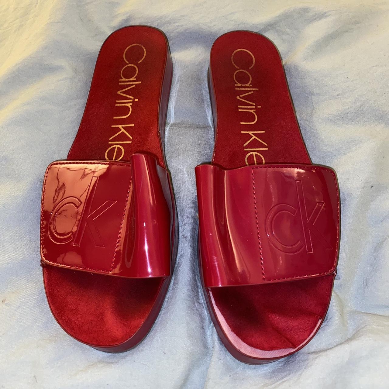 CALVIN KLEIN Red Slides Worn and Dirty!!!! Velcro... - Depop