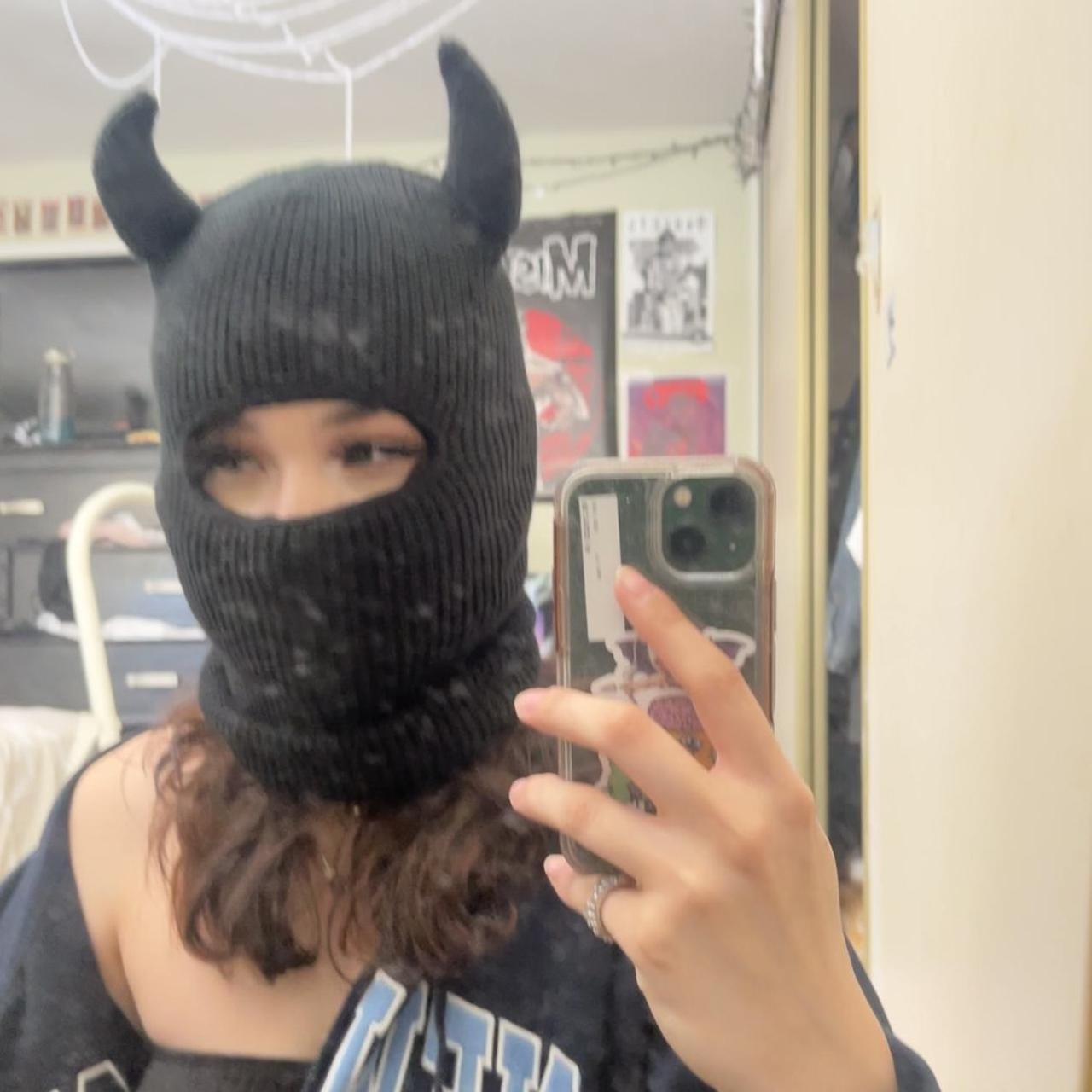 black knit devil horn beanie ski mask - its too hot... - Depop