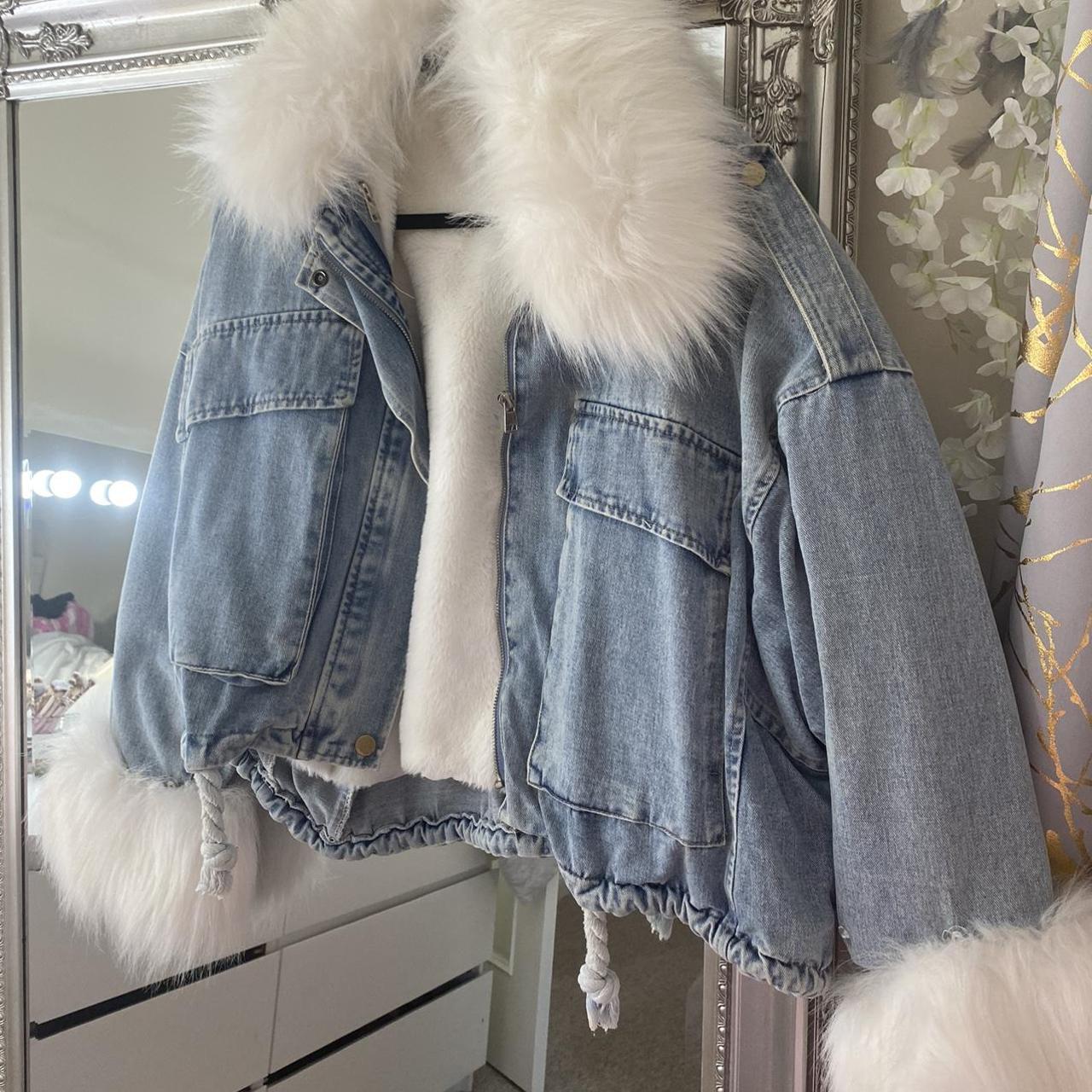 Flamant rose jeans white fluffy jacket Size S/M - Depop