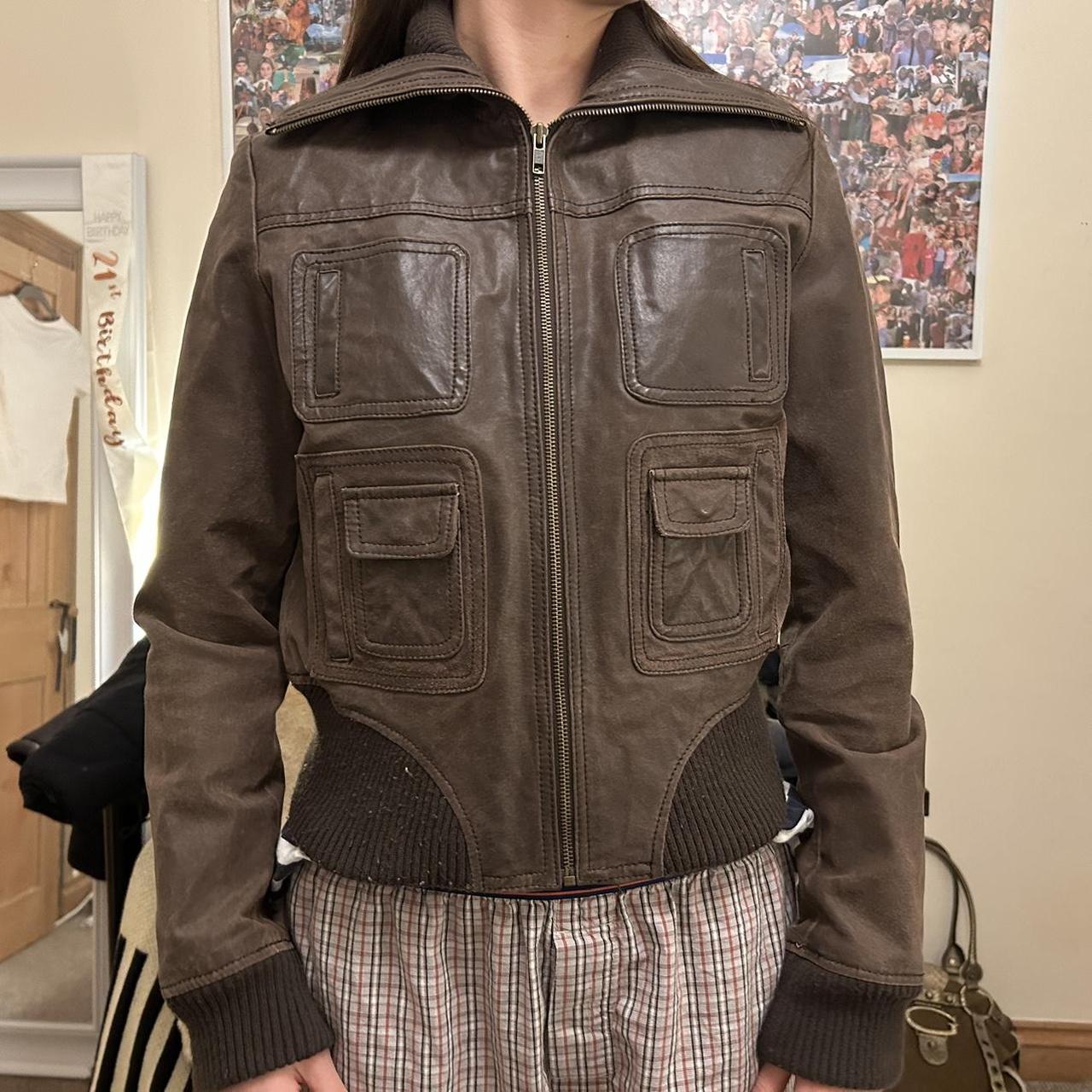 Cropped brown leather jacket! Real leather ! Size 14... - Depop