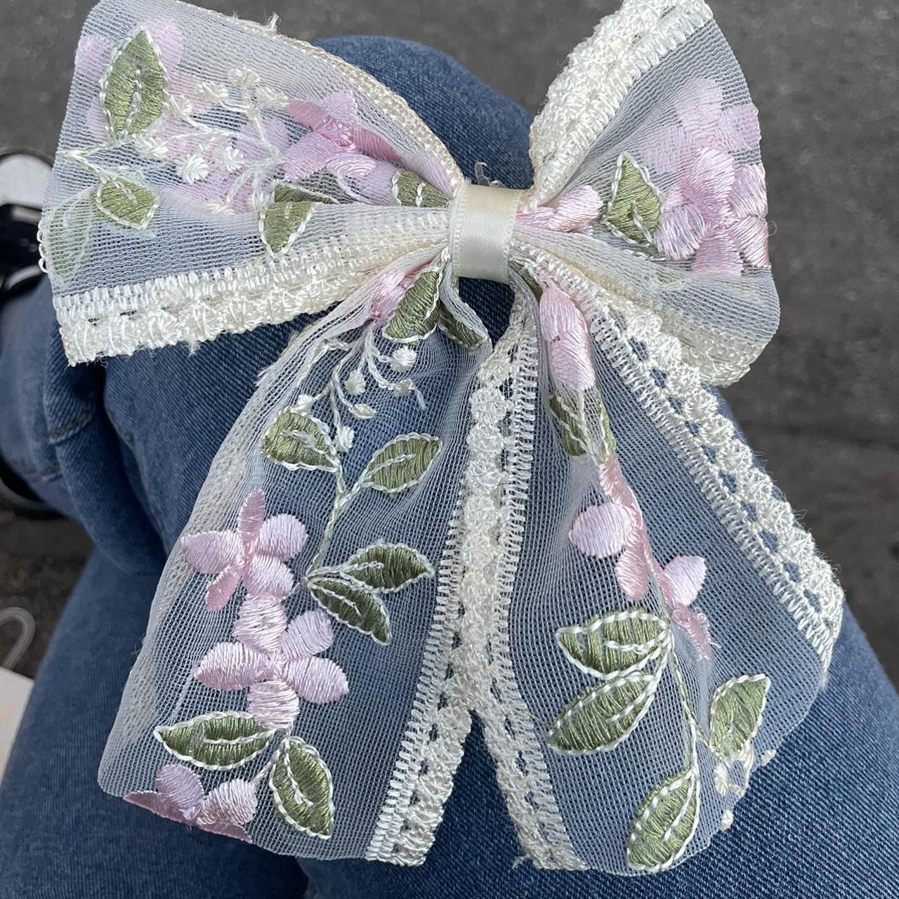 handmade floral embroidered bow - Depop