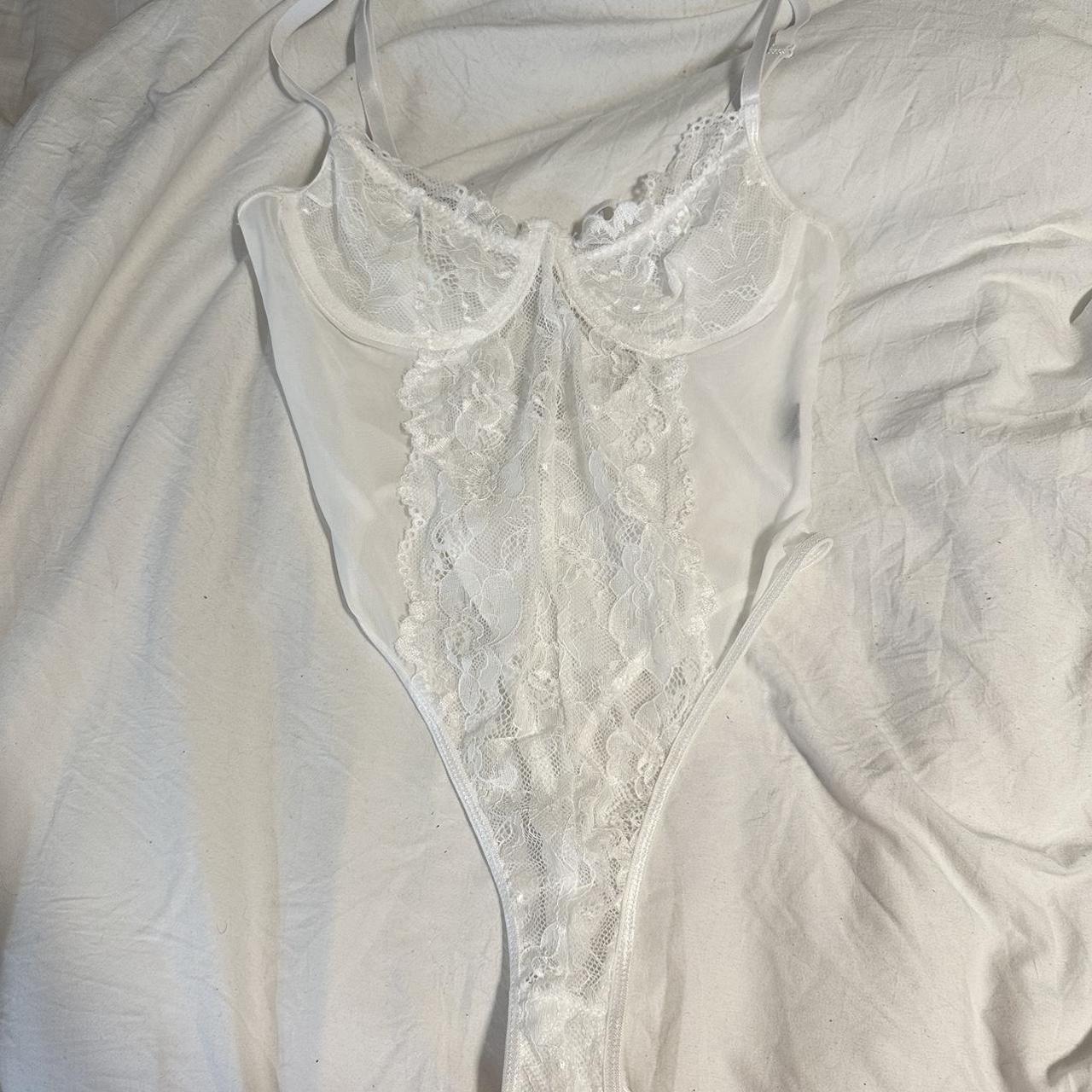 white lace thong bodysuit never worn - Depop