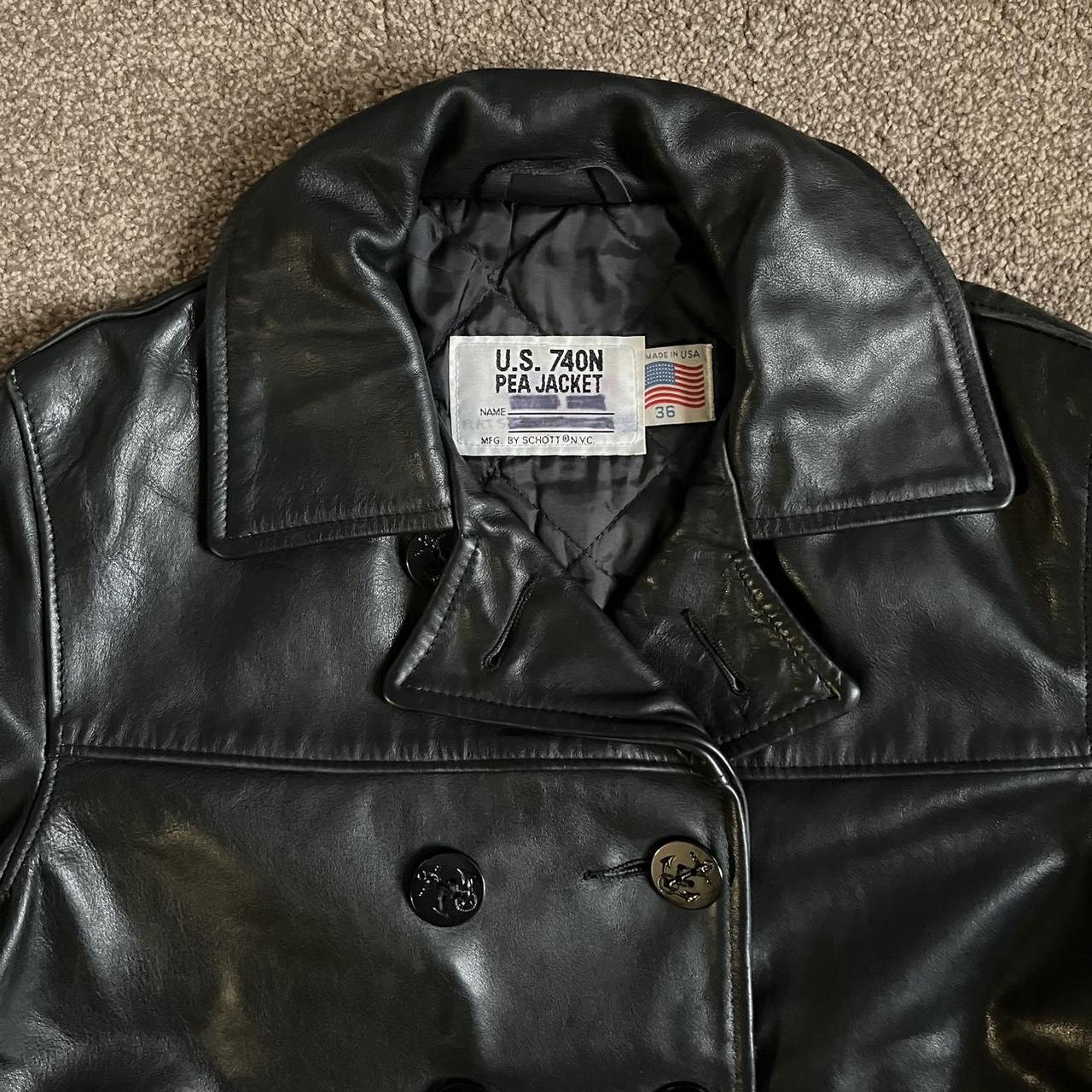 SCHOTT NYC US NAVY Black leather peacoat jacket with... - Depop