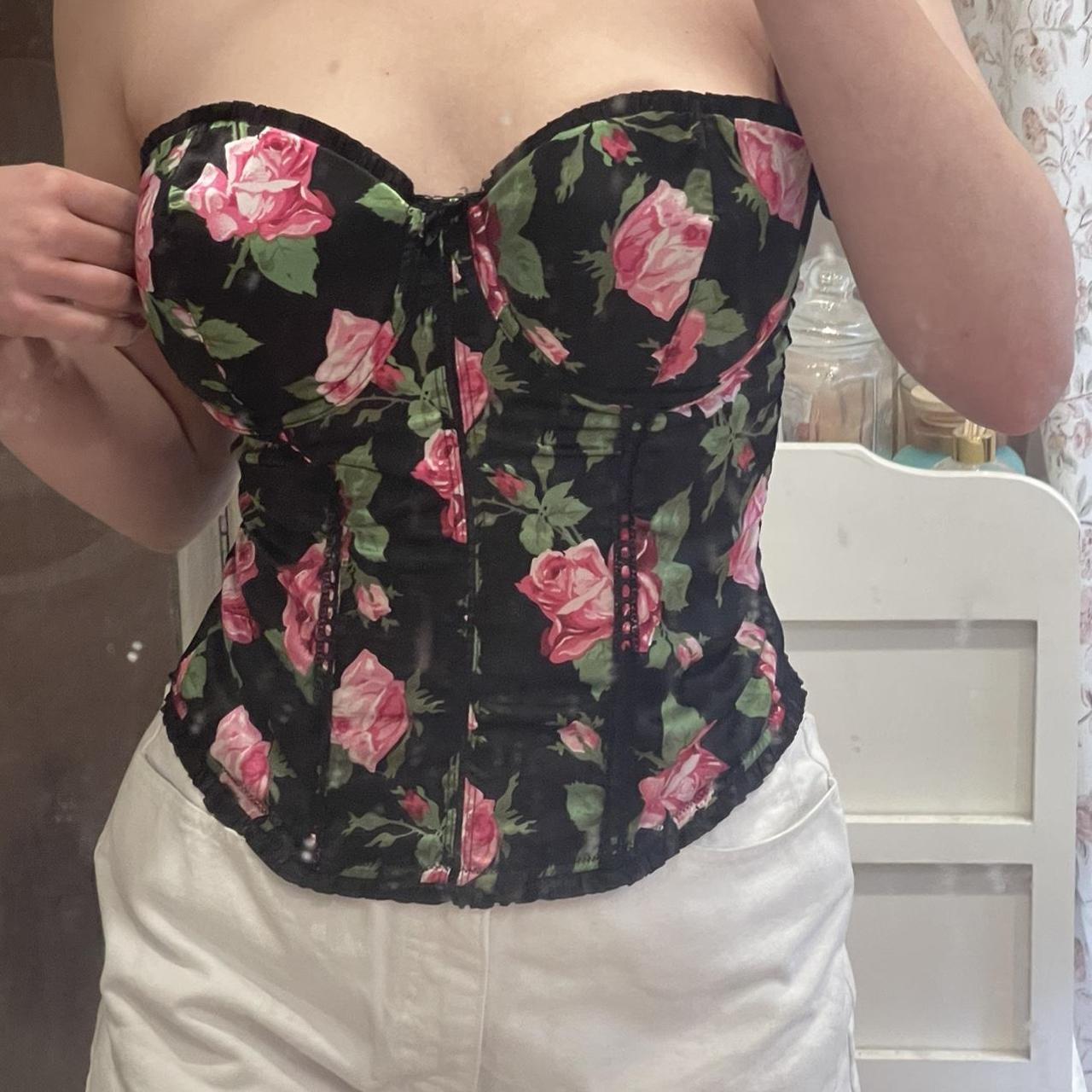 Pink, black and green rose flower corset top size... - Depop