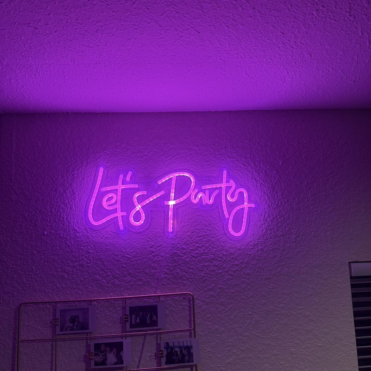 Neon pink "Let's Party" LED sign with controls on... | Depop