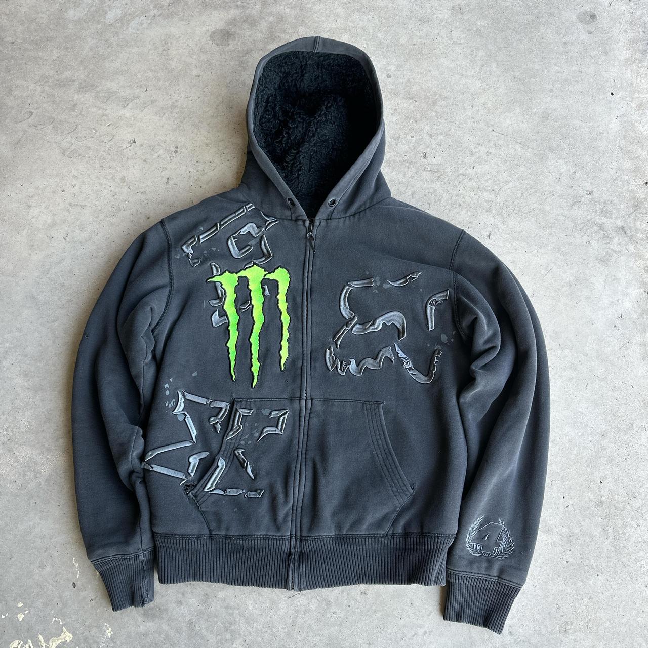 Grey Monster Energy Fox Racing zip up hoodie with... | Depop