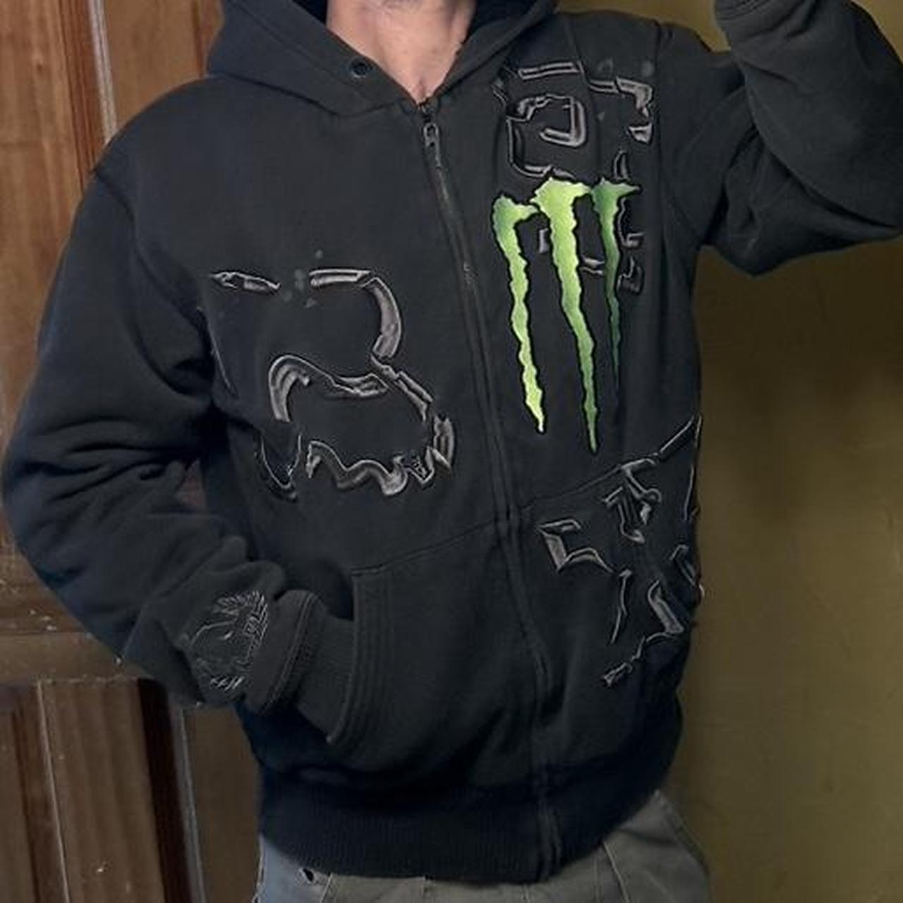 Grey Monster Energy Fox Racing zip up hoodie with... | Depop