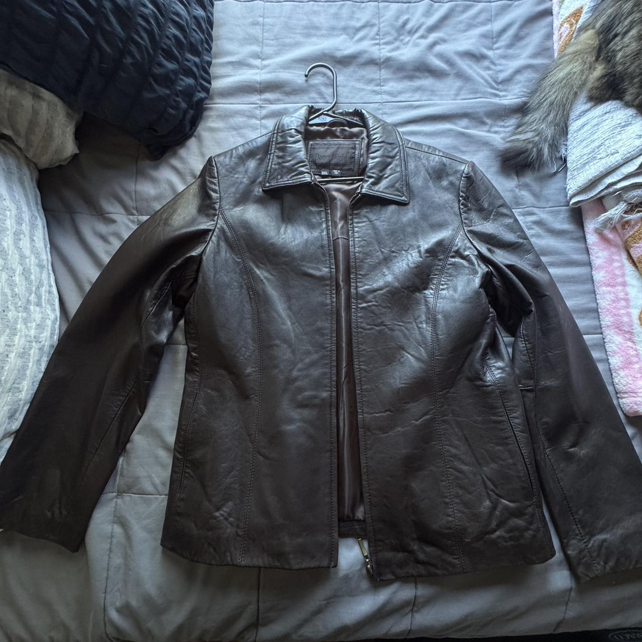 oversized brown genuine leather jacket. says size XL... - Depop