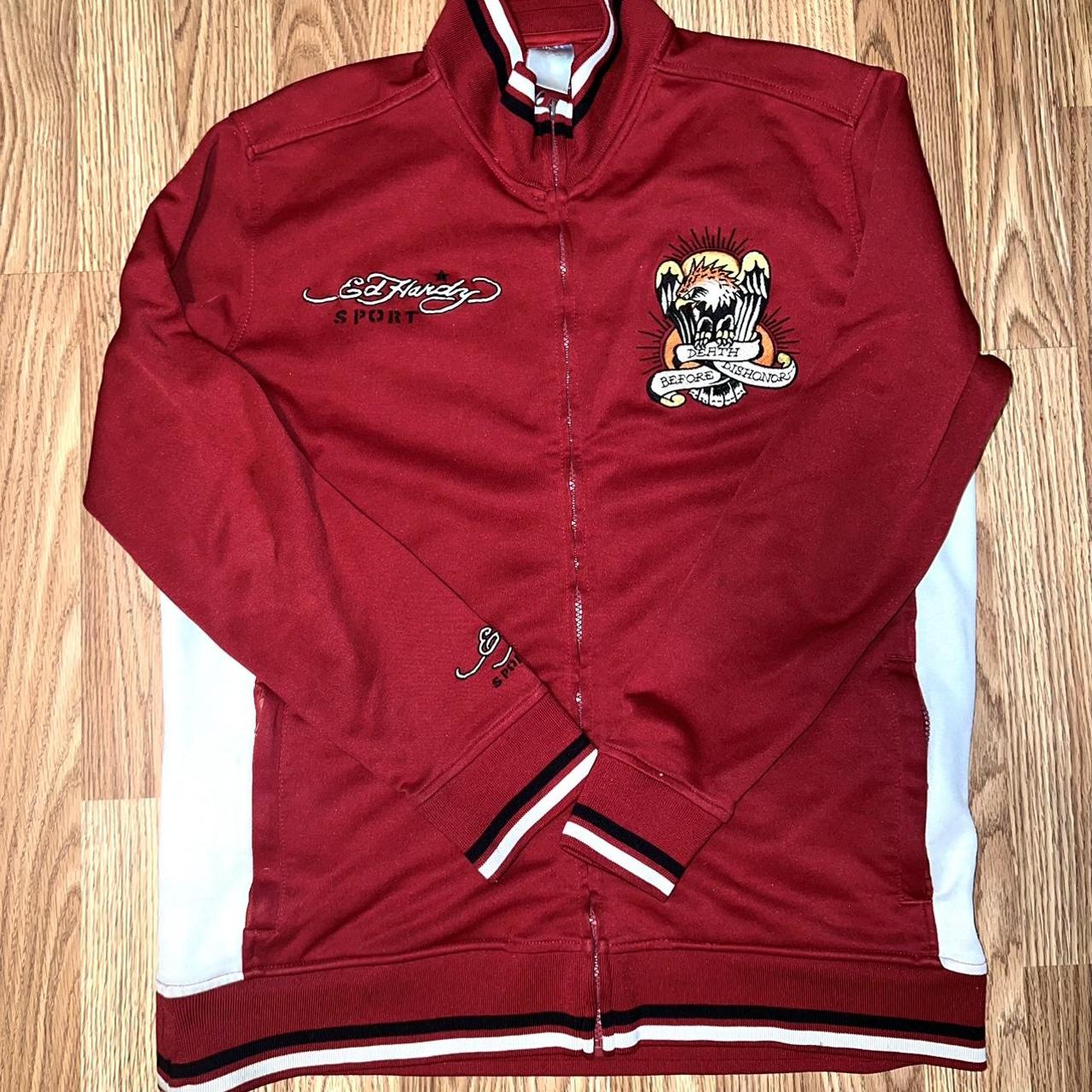 Ed Hardy Men's Red and Black Jacket | Depop