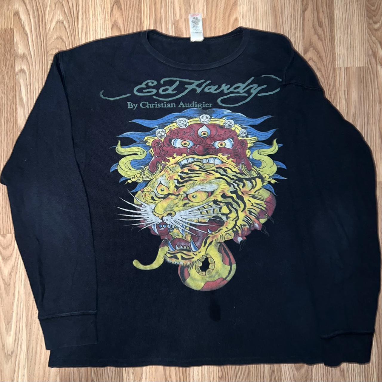 Ed Hardy Men's Black and Yellow Sweatshirt | Depop