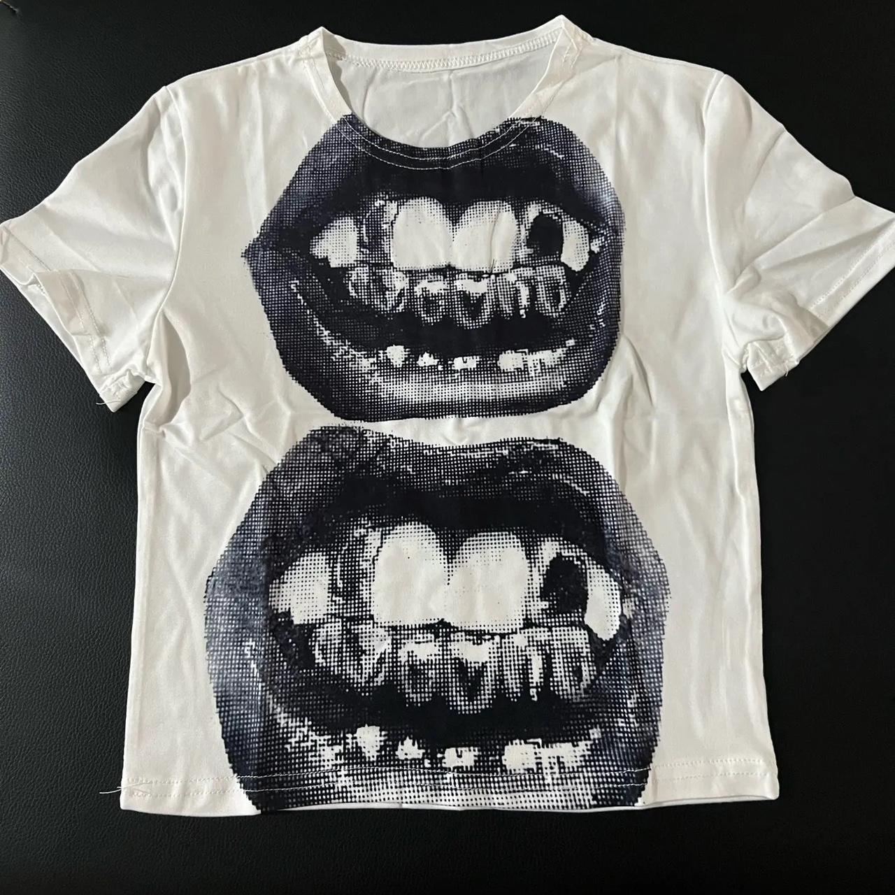 Teeth with grills cropped baby tee 🦷 #Y2K #babytee... - Depop