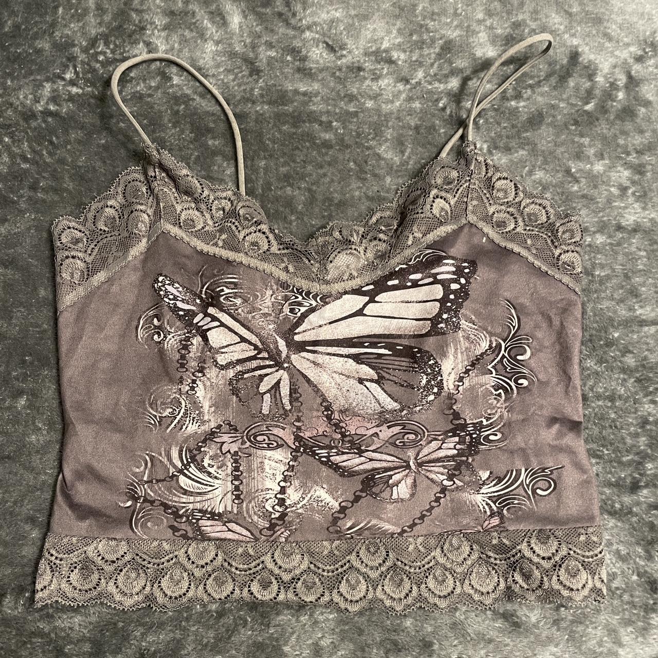 Cute butterfly cami top with lace detailing - Depop